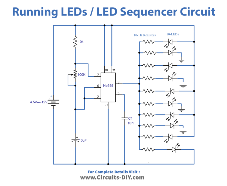 Running LEDs / LED Sequencer Using 555 timer IC