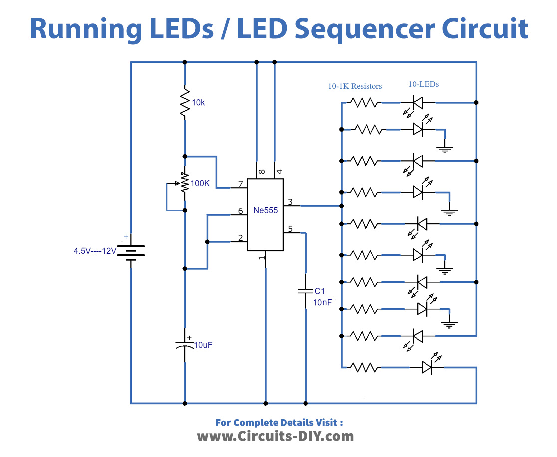 Running LEDs / LED Sequencer Using 555 timer IC