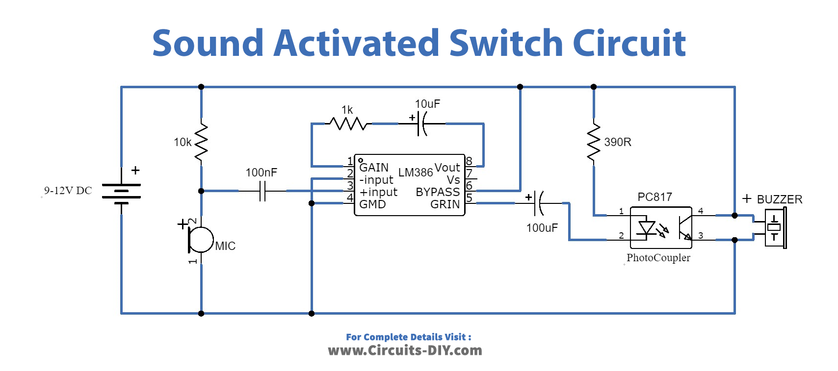 Sound Activated Switch Using LM386 Amplifier IC